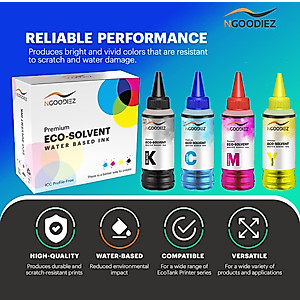 NGOODIEZ Eco Solvent Ink - Water Based Printer Ink, Fast Drying Refill Ink Bottle for Epson EcoTank, & WF Series Printers - Ideal for HTV, Vinyl Stickers, Decals, T-Shirts, Mugs (1B/1C/1Y/1M, 400ml)