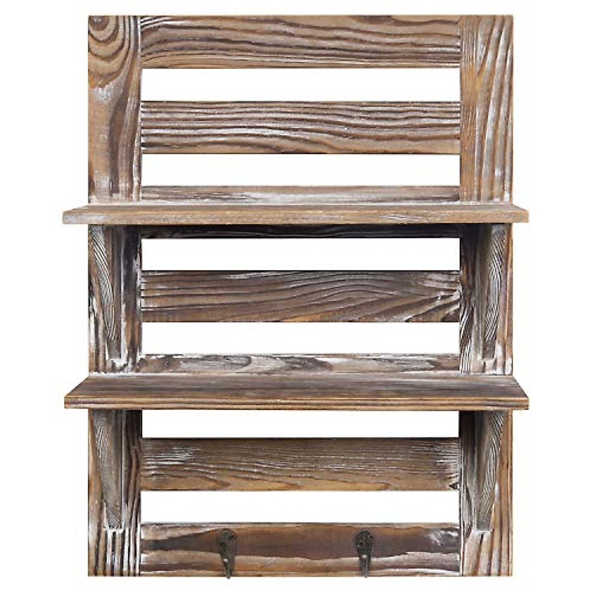 MyGift 2-Tier Torched Whitewashed Wood Wall Mounted Shelf Rack with Key Hooks, Entryway Storage Display Shelves, Bathroom Shelving and Towel Hooks, 7 x 13-Inches