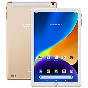 YOTOPT 10 Inch Android Phone Tablets, Dual Sim Card Slot, 32GB ROM, 256GB Expand, Quad Core, WiFi, Bluetooth, GPS, FM, Dual Camera, IPS HD Touch Screen, Support 3G Phone Call Tableta (Gold)