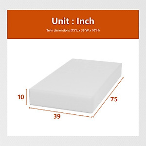 PayLessHere 10 Inch Twin Mattress Base Foam Mattress CertiPUR-US Certified,Removable Soft Cover,Twin mattresses for Bed Frame, Bunk Bed, Trundle, Daybed,White，Fiberglass Free