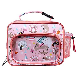 MIER Lunch Bags for Kids Boys Girls Toddlers Cute Insulated Lunch Box Tote School Lunchbox Kit with External Water Bottle Holder/Clear Zipper Pocket (Pink-Marine Animals)