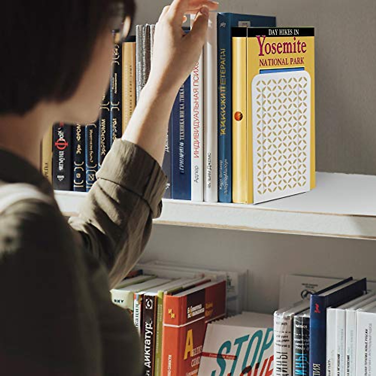 Acrimet Metal Bookends Design Series (Heavy Duty) (White Bookend with Gold Design) (1 Pair Pack)