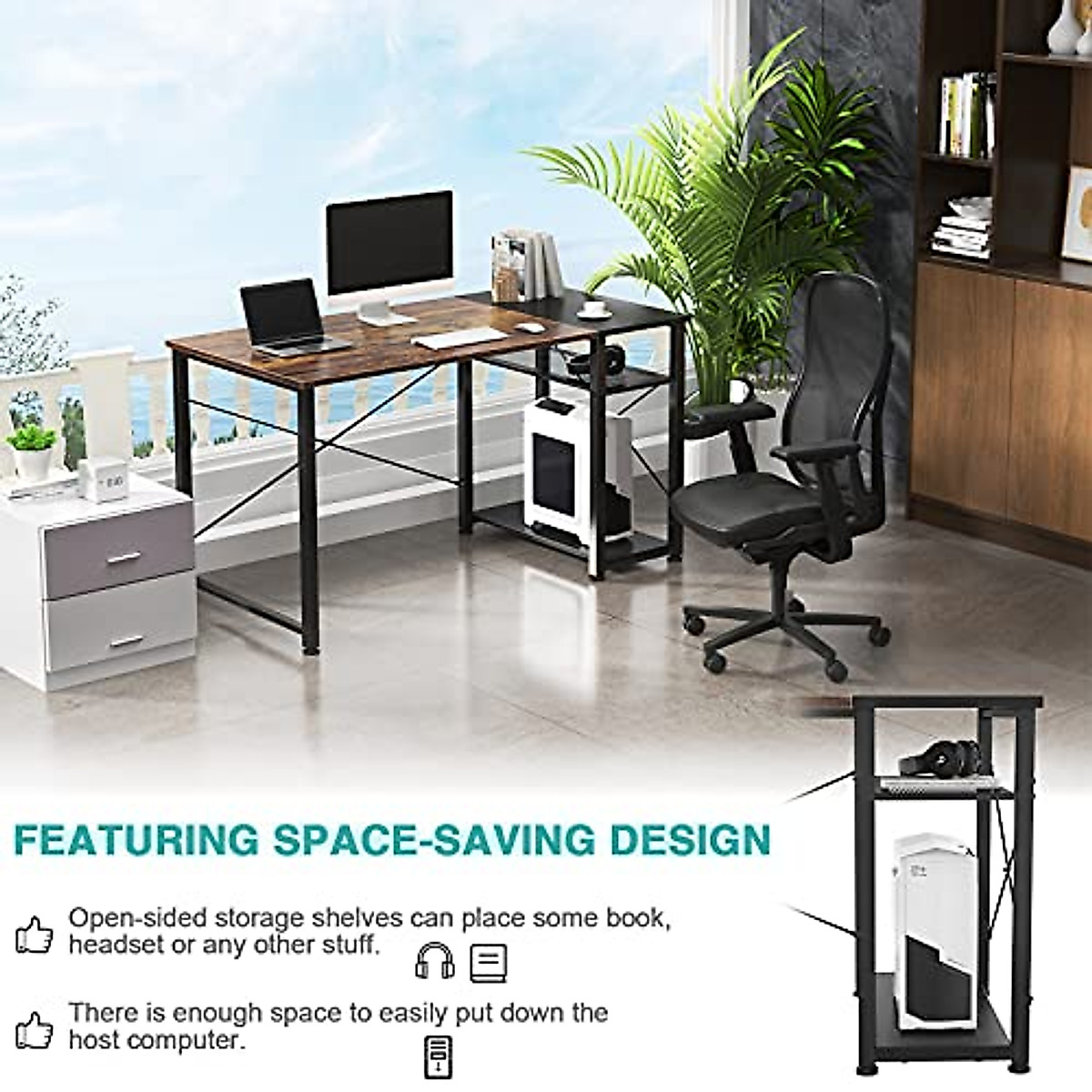 Foxemart Computer Desk 47 Inch Home Office Desk Industrial Sturdy Writing Table with Storage Shelves Modern Simple Style PC Desk for Home Office Study Room Workstation, Rustic Brown and Black