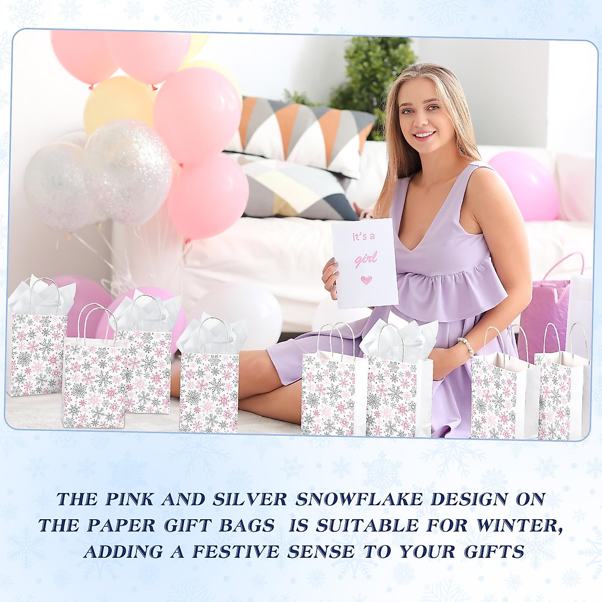 Silkfly 50 Pack Frozen Gift Bag Snowflake Party Bags Winter Frozen Goodie Bags with Tissue Paper for Snowflake Baby Shower Birthday Holiday Party Supplies