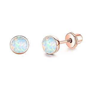 TANGPOET Rose Gold Screw Back Stud Earrings for Women Tiny Comfy White Opal Earrings 925 Sterling Silver Hypoallergenic Earring for Sensitive Ears Birthday Gifts for Ladies