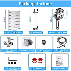 Shower Head - 8" High Pressure Rainfall Shower Head with 11" Extension Arm, 9 Settings Handheld Shower Head Combo, Anti-leak Shower Head with Holder, Height/Angle Adjustable, 1.5M House, Chrome