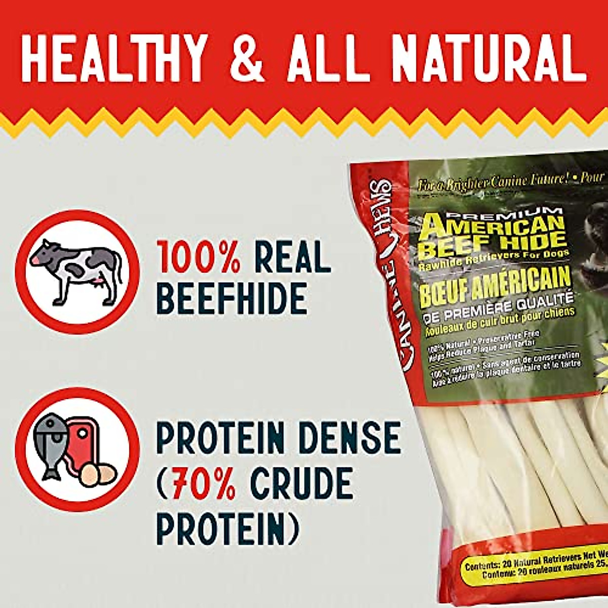 Canine Chews 10-11" Dog Rawhide Retriever Rolls - Dog Rawhide Chews (20 Pack) - 100% USA-Sourced Natural Beef Raw Hide Dog Bones for Large Dogs - Healthy Single-Ingredient Rawhide Bones Treat