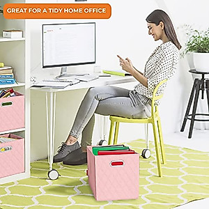 JIAessentials Small 12-inch Pink Foldable Diamond Patterned Faux Leather Storage Cube Bins Set of Four with Handles with Dual Handles for living room, bedroom and office storage