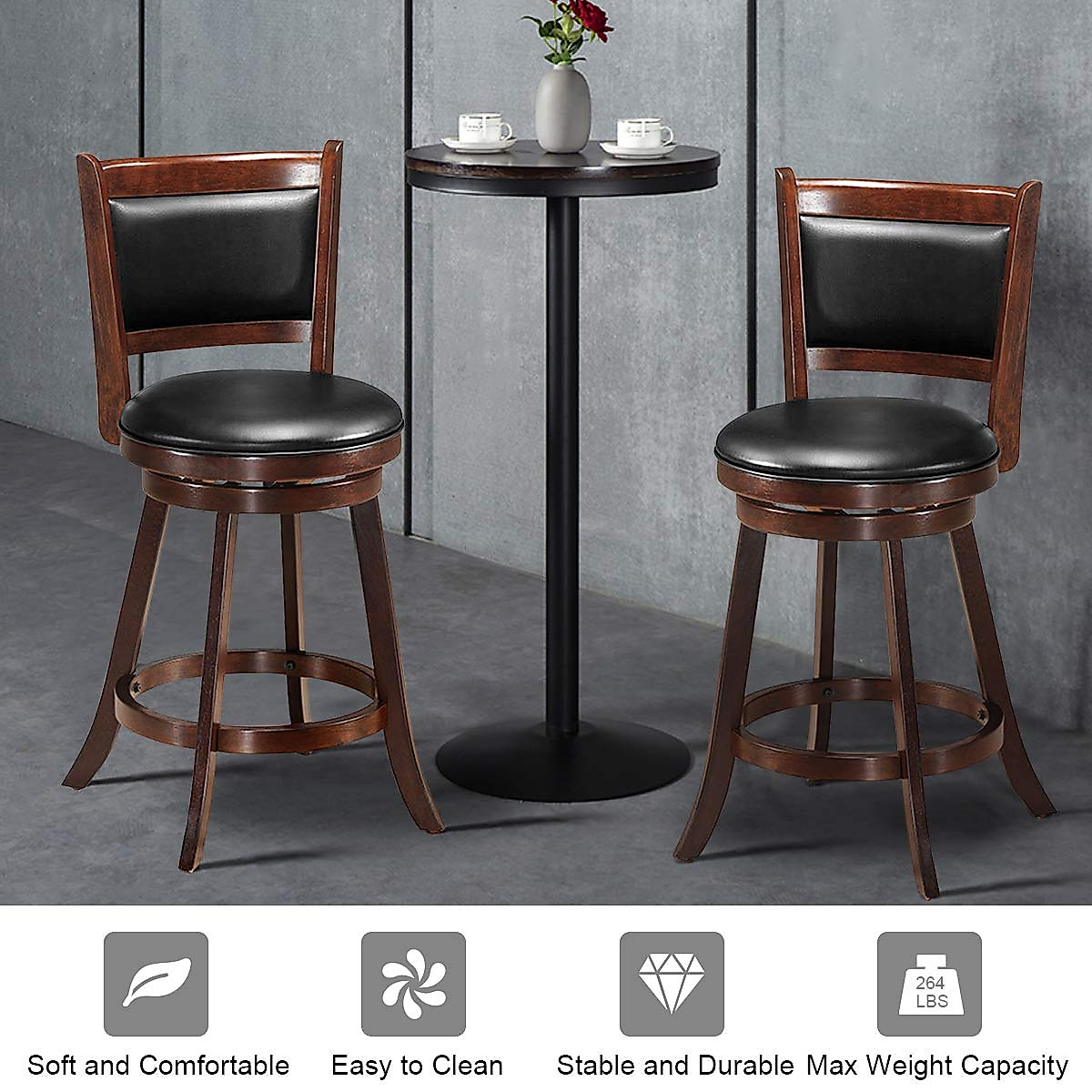 COSTWAY Bar Stools Set of 2, 360 Degree Swivel, Accent Wooden Swivel Seat Counter Height Bar Stool, Leather Upholstered Design, PVC Cushioned Seat, Perfect for Dining and Living Room (Height 24")