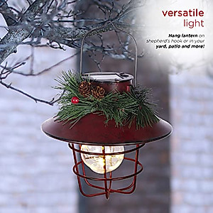 Alpine Corporation Metal Lantern with Shepherd's Hook and Solar Warm White LED Lights, Red