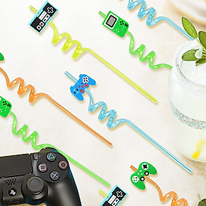 24pc Video Game Party Favors, Game Controller Drinking Straws as Birthday Party Supplies Decorations for Boys Goodie Gifts for Kids with 2 PCS Cleaning Brushes