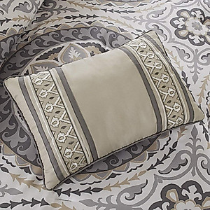 D&H 9 Piece Light Grey Medallion Comforter King Set, Beautiful All Over Bohemian Boho Chic Bedding, Multi Floral Paisley Mandala Motif Themed, Damask Flower Pattern Design, Taupe Tan Dark Gray