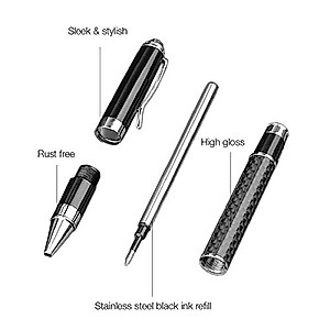 Executive Pen by Safedome - Elegant Roller Ball Pen with Carbon Fiber Barrel and Stainless Steel Accents, Refillable Pen, Professional and Fancy Luxury Pens for Journaling - Black and Silver