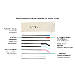 IRON °FLASK Reusable Straws - 6 Stainless Steel or Plastic Straw w/Bendy Silicone Tips, 3 Cleaning Brushes & Travel Case - Drinking Straw for Water Bottles,Tumblers & Thermos - Dishwasher Safe