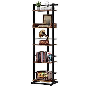 Hosfais Book Shelf Narrow Bookshelf: 5 Tier Wood Bookcase with Metal Edge Protection Industrial Modern Bookshelf Book Storage Organizer for Living Room Bedroom Home Office (Rustic Brown)