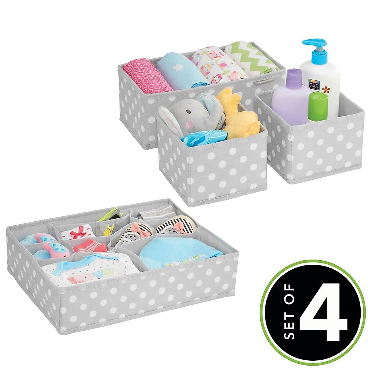 mDesign Soft Fabric Dresser Drawer and Closet Storage Organizer for Child/Kids Room, Nursery - 4 Piece Set - Polka Dot Print - Gray/White