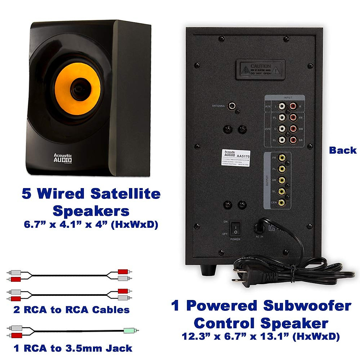 Acoustic Audio by Goldwood AA5170 Home 5.1 Bluetooth Speaker System with Optical Input and 4 Extension Cables, Black