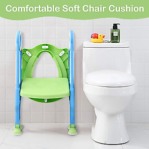 Potty Training Toilet Seat with Step Stool Ladder for Kids, Baby Toddler Toilet Training Seat with Soft Padded Seat, Safe Handles and Non-Slip Wide Step for Girls and Boys (Blue Green)