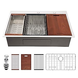 Lordear Kitchen Sink 33 Inch Drop In Kitchen Sink 33 x22 Inch Workstation Single Bowl Topmount 16 Gauge Stainless Steel 10'' Deep Handmade Kitchen Sink with Cutting Board