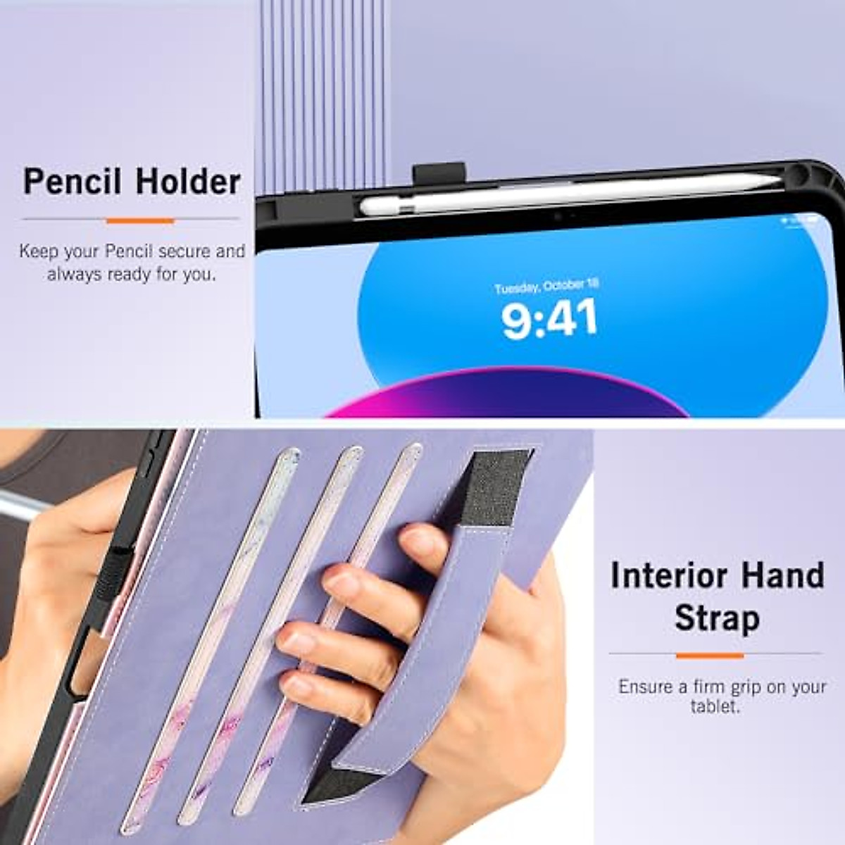 MoKo for iPad 10th Generation Case iPad 10.9 Inch Case 2022 with Pencil Holder, Multi-Angle Viewing iPad Case 10th Generation with Soft TPU Back Hand Strap for iPad 10th Gen 2022, Marble Purple