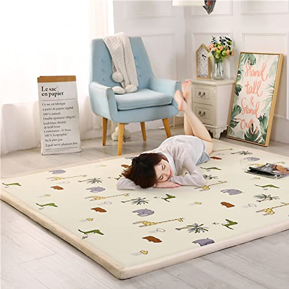 Loartee Kids Play Area Rug - 1.2" Soft & Thick Coral Velvet Nursery Rug, Crawling Mat for Toddler, Jungle Animals Play Mat, Non-Toxic & Anti-Skid, Light Yellow, Size:5.0'x5.0'(About 150x150cm)