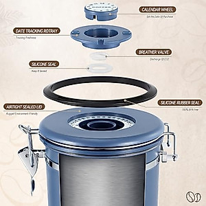 RODDEN Airtight Coffee Canister 22OZ Stainless Steel with Date Tracker, Measuring Scoop, CO2 Releasing Valves, Kitchen Food Storage Contanier, 1800ml