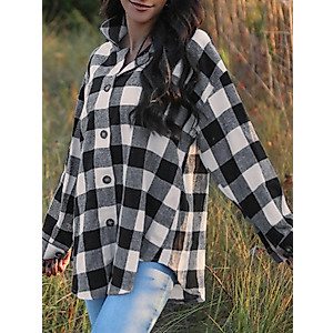 ZAFUL Women's Plaid Long Sleeve Shirt Button Down Wool Blend Thin Jacket Casual Blouse Tops with Pocket Black and White