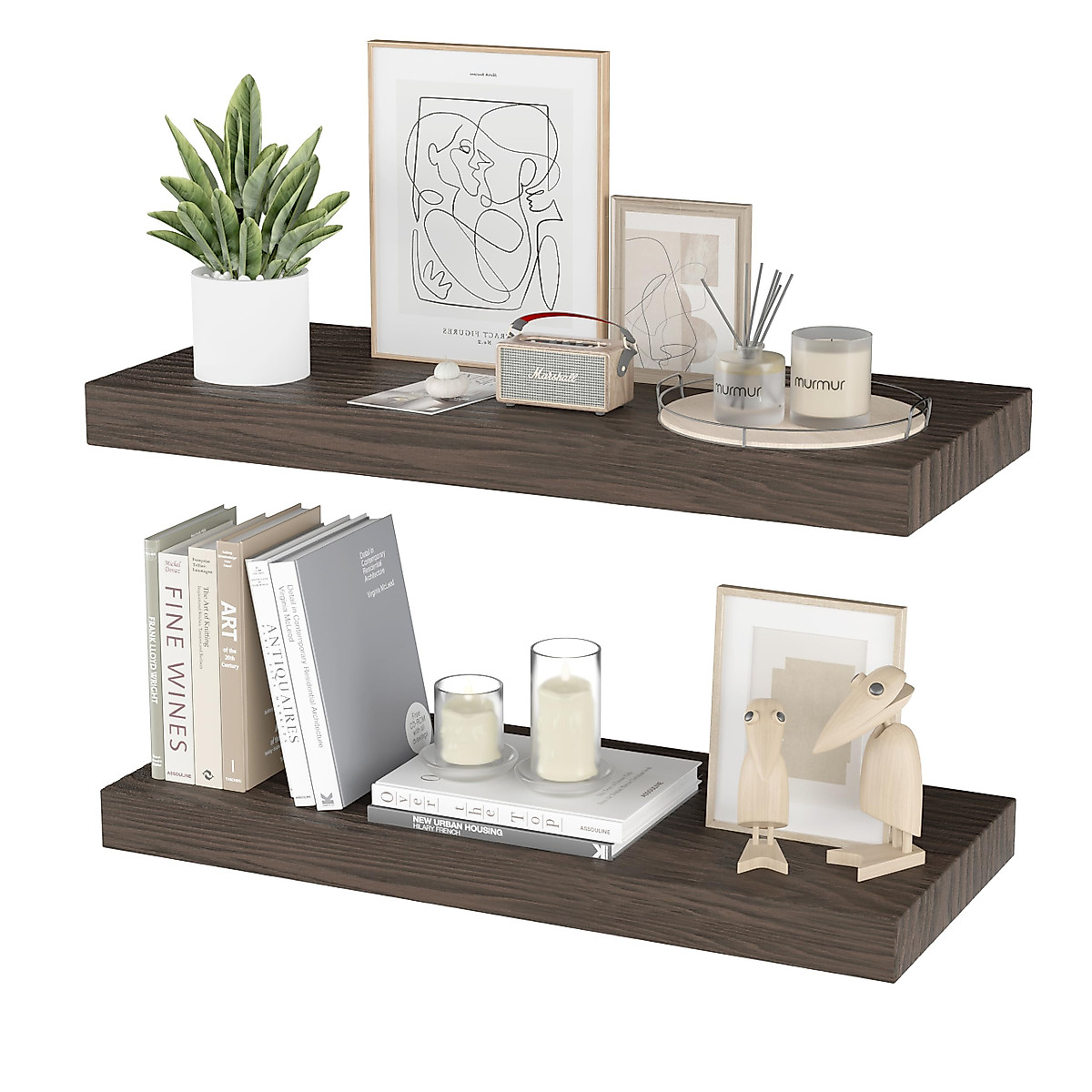 PopiShelves Floating Shelves for Wall- 17 Inch Natural Wood Shelves for Bathroom, Bedroom, Kitchen Decor, Farmhouse Decor Set of 2, Rustic Brown