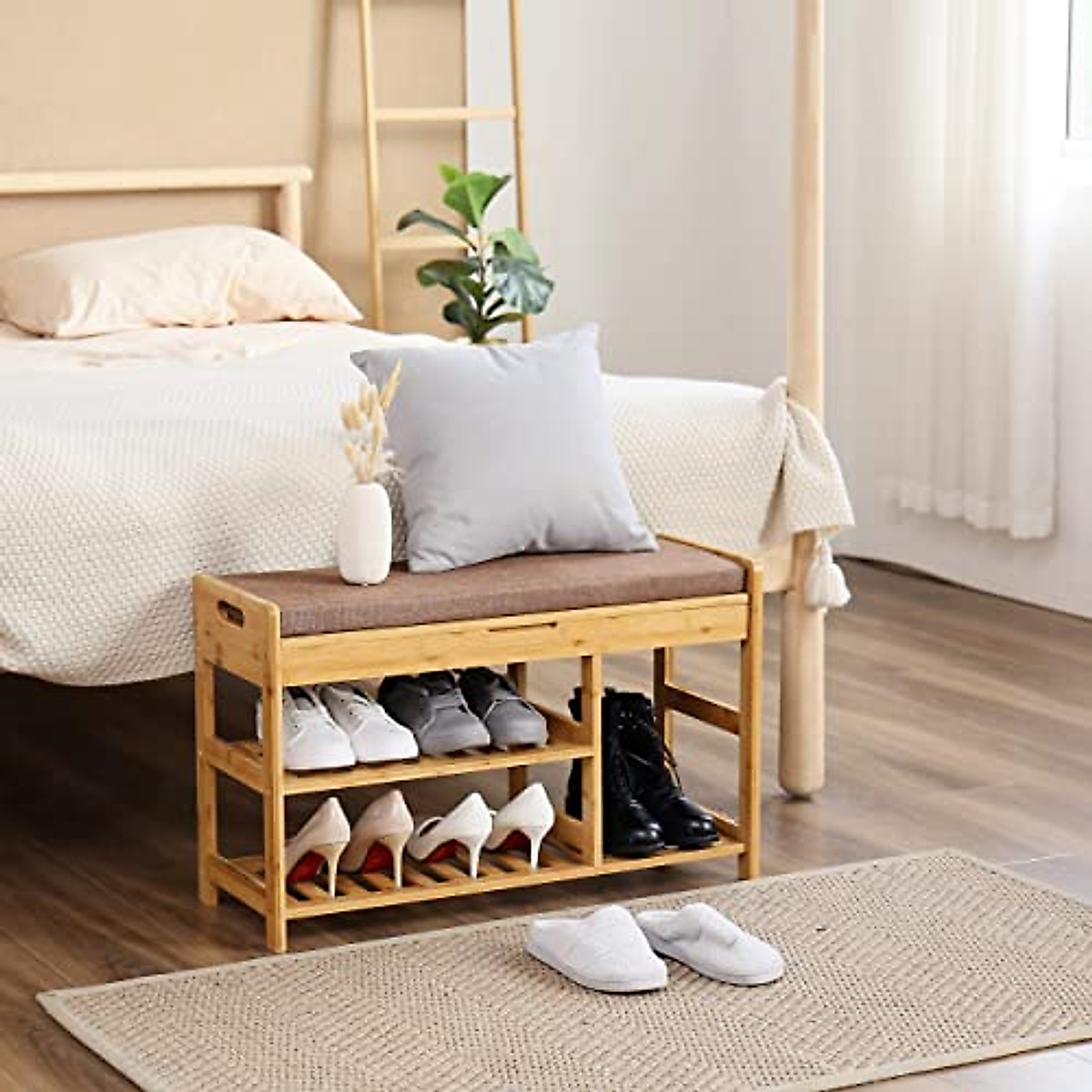 C&AHOME Shoe Bench Bamboo, 3-Tier Shoe Organizer with Cushion, Shoe Rack Bench for Entryway, Max Load 270 LBS, Removable Seat Cushion Bench, Ideal for Entryway, Hallway, Living Room, Bedroom, Natural