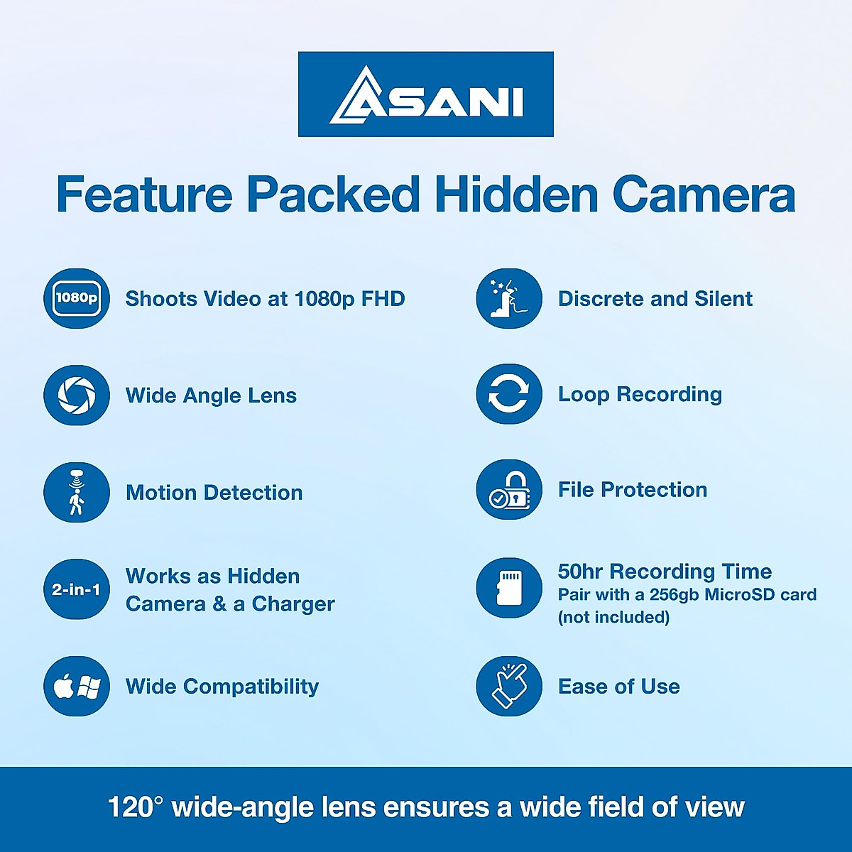 Asani Hidden Spy Camera USB Charger - Home & Office Security Nanny Cam with SD Card Slot, Motion Detection, Full HD Video, Smartphone Connectivity, Ideal for Monitoring Elderly Parents, Pets
