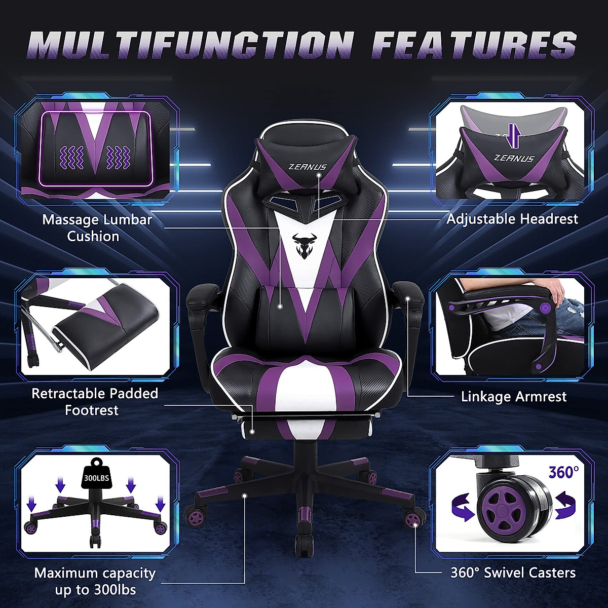 Zeanus Gaming Chair for Adults Purple Gaming Chairs Reclining Computer Chair with Footrest for Heavy People Gamer Chair with Massage Ergonomic PC Gaming Chair Racing Chair for Gaming Big and Tall