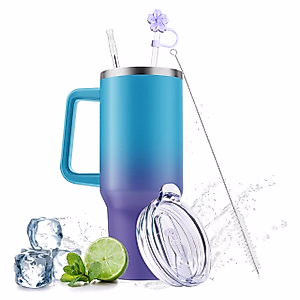 RAHATBEE 40 oz Tumbler with Handle and Straw Lid, 100% Leak-Proof Travel Coffee Mug, Reusable Stainless Steel Insulated Cup for Beverages, Keeps Cold for 34Hrs or Hot for 12Hrs (Blue-Purple)