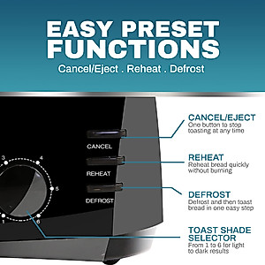 Elite Gourmet ECT4829B# Long Slot 4 Slice Toaster, Reheat 6 Toast Settings, Defrost, Cancel Functions, Built-in Warming Rack, Extra Wide Slots for Bagels Waffles, Black