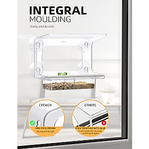 Window Bird Feeder with Strong Suction Cups, CREWOR Clear Bird House Feeders for Outside Wild Birds, Built-in Level & Removable Tray, Fits for Cardinals, Blue Jays, Bluebirds, Finches, Chickadees etc.