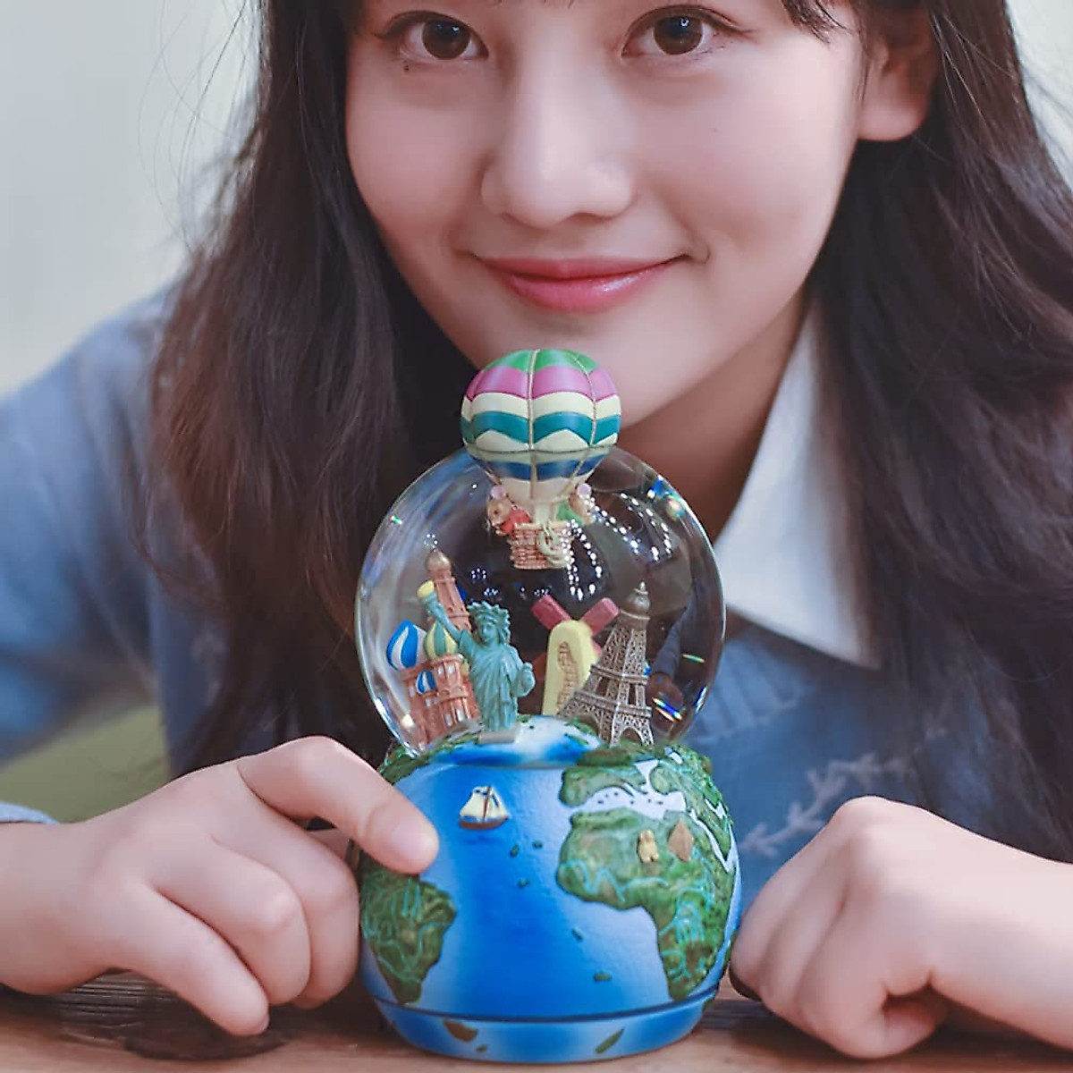 Snow Globe Valentine's Day with Music for Kids Boys Girls Women Adults Unique Gift 3D Hot Air Balloon Snowglobes Around The World Travel Rotating Christmas Music Box Decorations