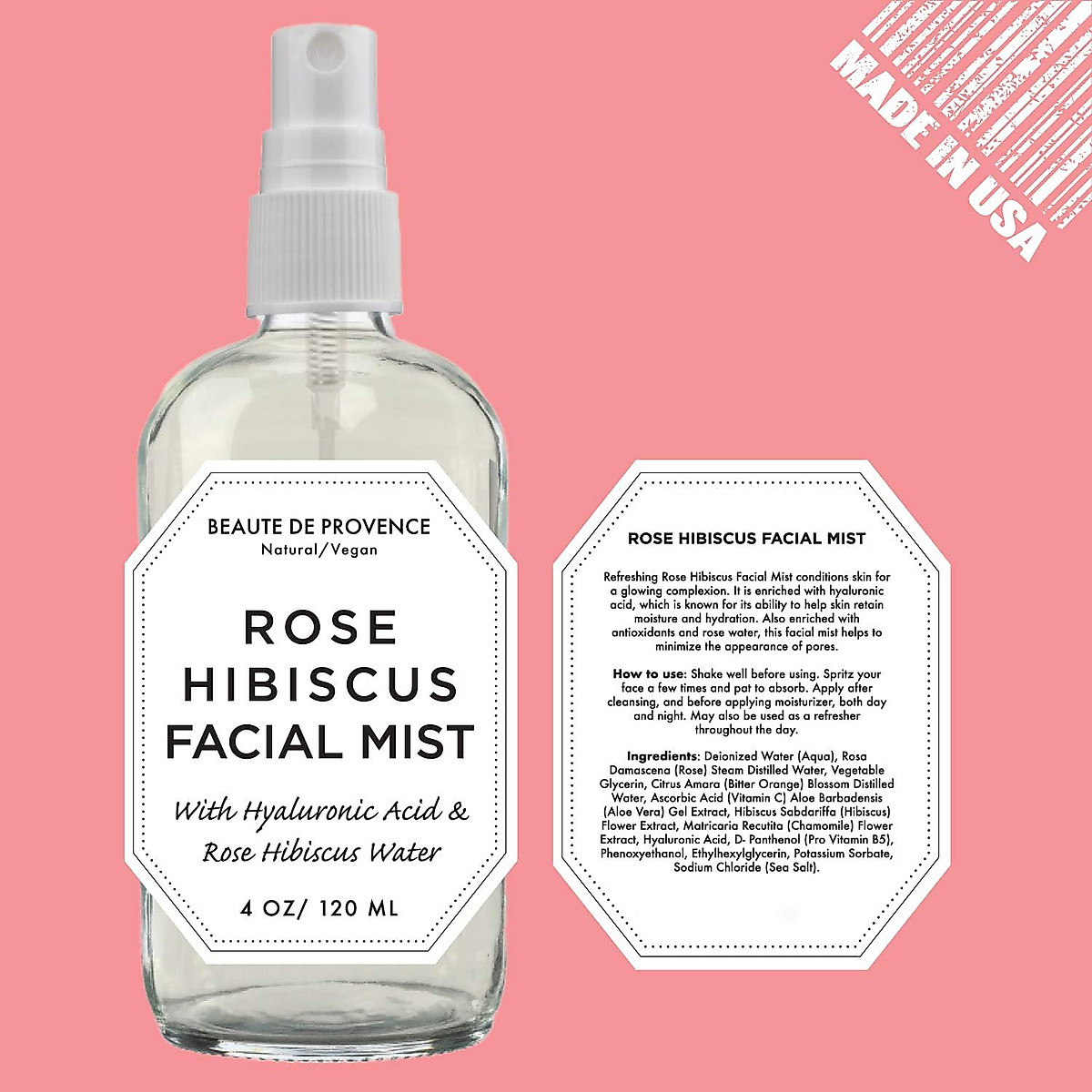 BEAUTE DE PROVENCE Rose Water Spray for Face & Body Refreshment with Moisturizing Hyaluronic Acid and Hibiscus water | Instant Hydration, Cooling, Calming & Conditioning (8 FL OZ)