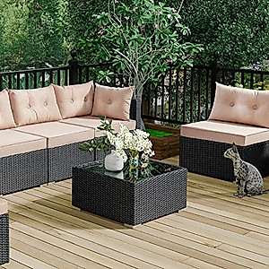 Allewie Patio Furniture Set 7 Pieces Outdoor Furniture with Seat Cushions and Tempered Glass Coffee Table, Wicker Patio Conversation Sets for Backyard, Porch, Balcony, Poolside, Khaki & Black