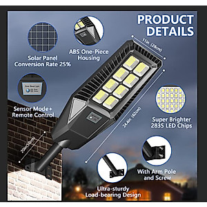 TENKOO 2 Pack 800W Solar Street Light, Light Control&PIR Motion Sensor, Dusk to Dawn Security Solar Powered Parking Lot 50000 Lumens for Square,Yard, Garden,Basketball Court