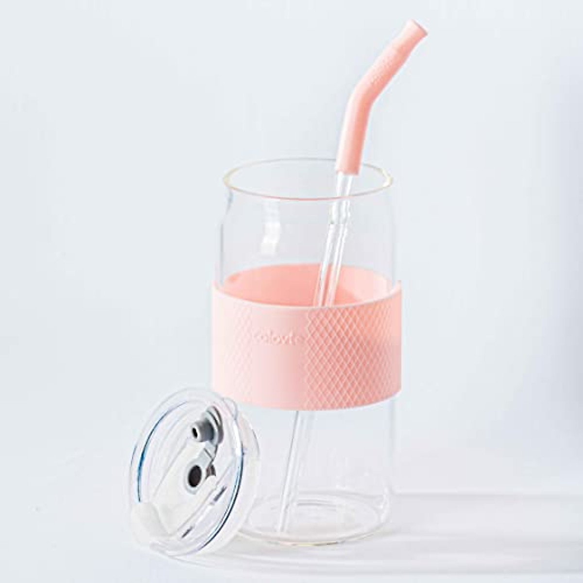 ColoVie 20oz 1pc Glass Tumbler with 3 IN 1 Lids and Glass Straws(Extra Silicone Tips), Silicone Protective Sleeve, Iced Coffee Cup, Travel Water Bottle, Soda Beer Can Shaped Cups, Hot Tea-Chalk Pink