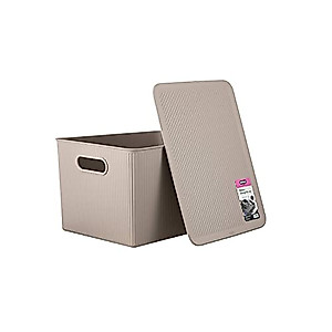 Superio Ribbed Collection - Decorative Plastic Lidded Home Storage Bins Organizer Baskets, X-Large Taupe (1 Pack - 22 Liter) Stackable Container Box, for Organizing Closet Shelves Drawer Shelf