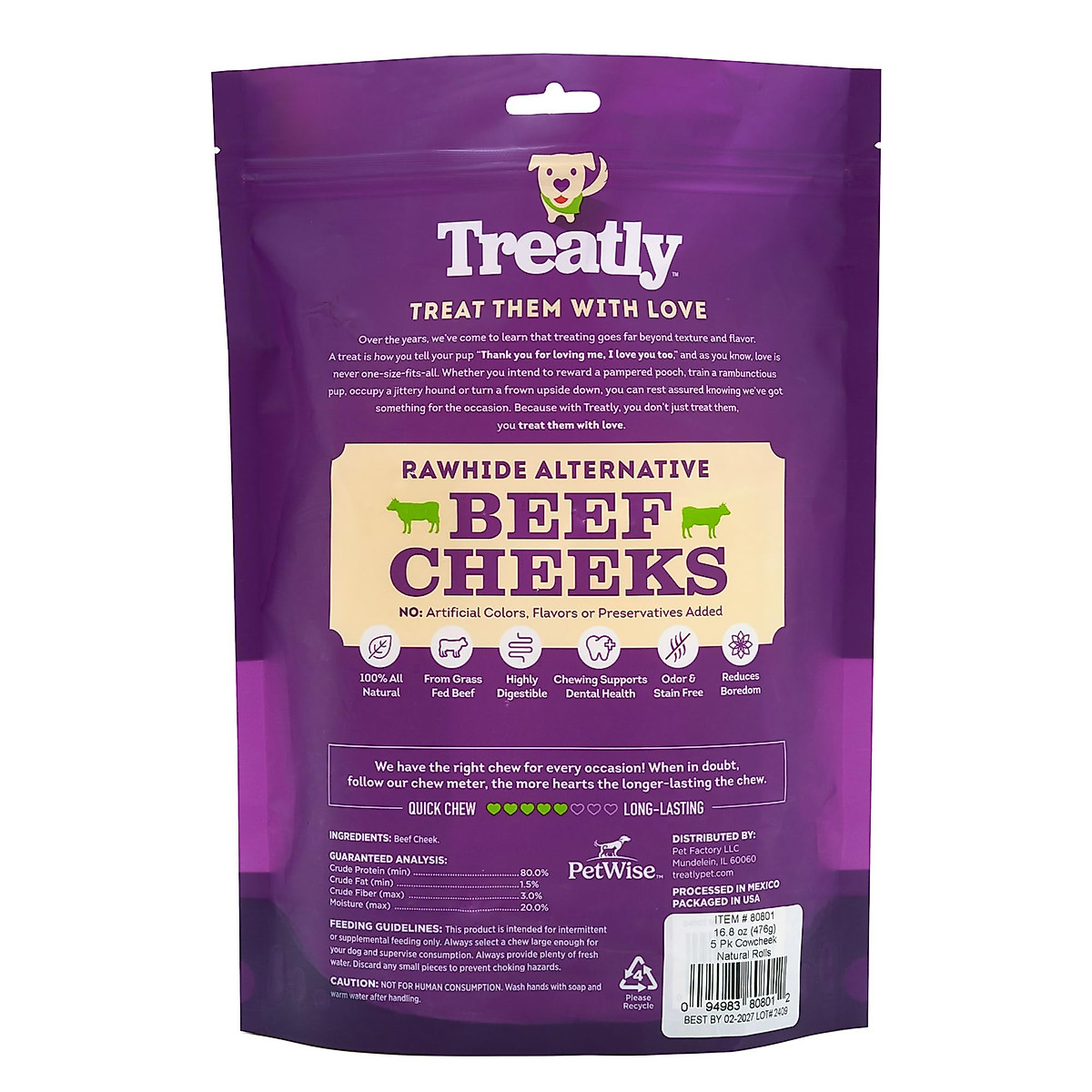 Treatly Cowcheek Rolls 6" Dog Chew Treats - Natural Flavor, 5 Count/1 Pack