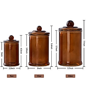 KMwares 3PCs Set Small Glass Premium Quality Apothecary Jars with lids Bathroom Accessories Vanity Organizer Canisters for Cotton Balls/Swabs, Makeup Sponges, Bath Salts, Q-Tips(Brown jar)