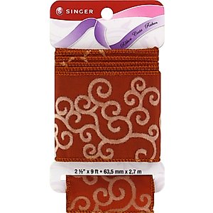 SINGER Wired Edge Velvet Ribbon, 2-1/2-Inch by 9-Feet, Swirl Print, Texas Orange