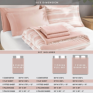 Codi Pink and White Full Comforter Set with Sheets, Bed in a Bag for Women, 7 Piece Complete Bedding Sets with 1 Striped Comforter, 2 Pillow Shams, Flat Sheet, Fitted Sheet and 2 Pillowcases