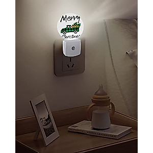 Merry Christmas Truck Night Lights Plug into Wall, Xmas Tree Green Auto Round LED Lights with Dusk to Dawn Sensor for Bedroom, Bathroom, Hallway, Kitchen, Kids, Home Decor