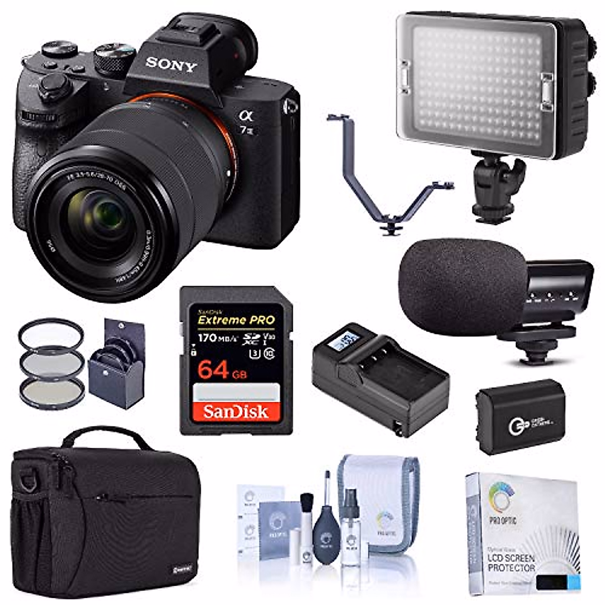 Sony Alpha a7 III Mirrorless Digital Camera with 28-70mm Lens Video Bundle with Bag, 64GB SD Card, Mic, LED Light, Extra Battery, Charger, and Accessories