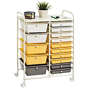 KOTEK 15-Drawer Rolling Storage Cart, Multipurpose Mobile Utility Cart with 4 Wheels, Home Office School Tools Scrapbook Paper Organizer (Yellow)
