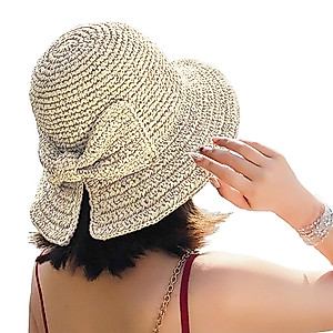 Foldable Wide Brim Floppy Straw Beach Sun Hat,Summer Cap with Bowknot for Women Girls,Strap Adjustable (1 Pack Beige)