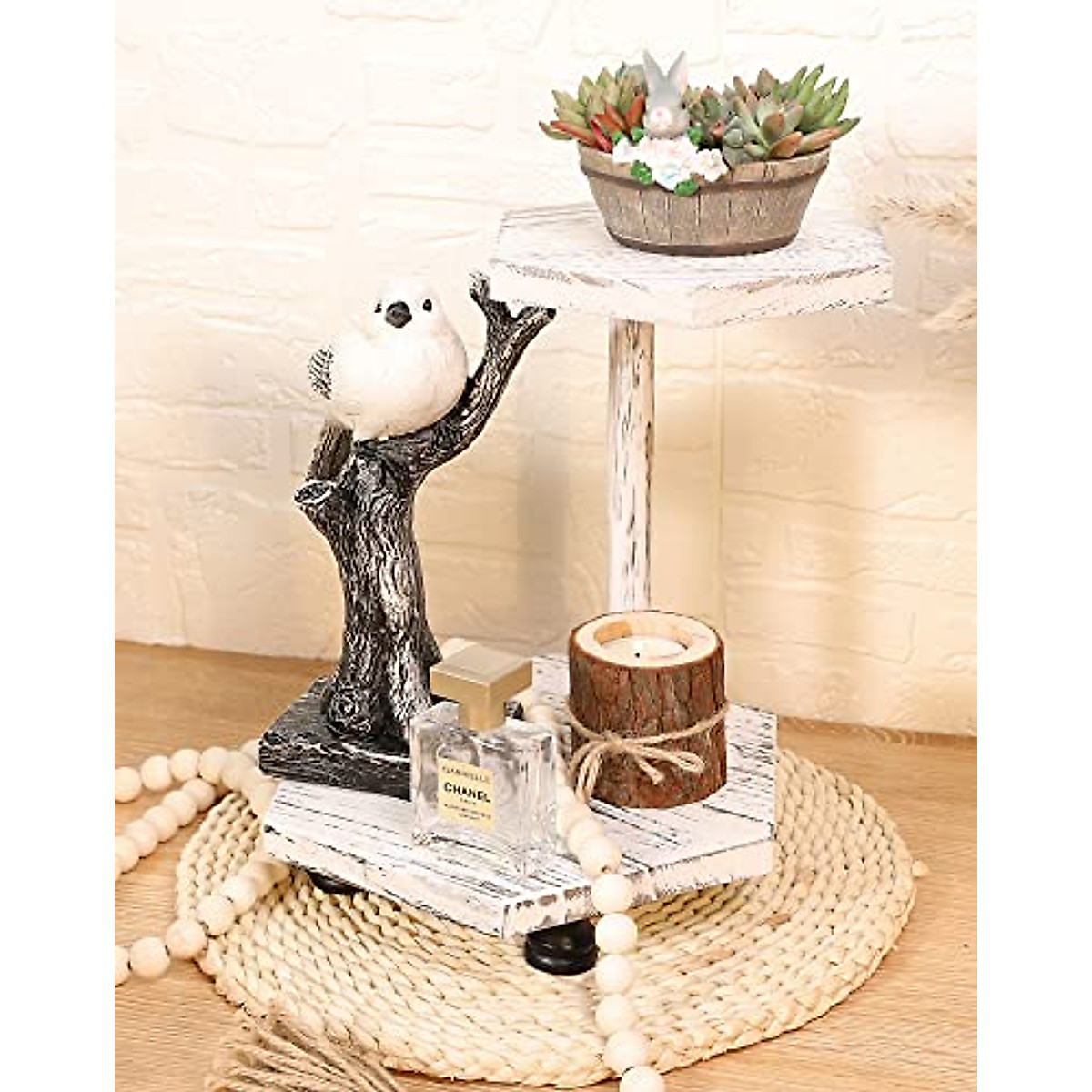 Tikea Hexagonal Wood Riser for Display, 2-Tier Farmhouse Wood Pedestal Stand for Kitchen Bathroom Counter Decor, Decorative Tray for Soap Dispenser, Candle and Plant