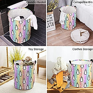 Oxford Fabric Storage Bin Cute Penguin on Stripes Rainbow Stars Krisyeol Waterproof Collapsible Laundry Basket Dirty Clothes Hamper with Handles Storage Baskets Organizer 17x13.8